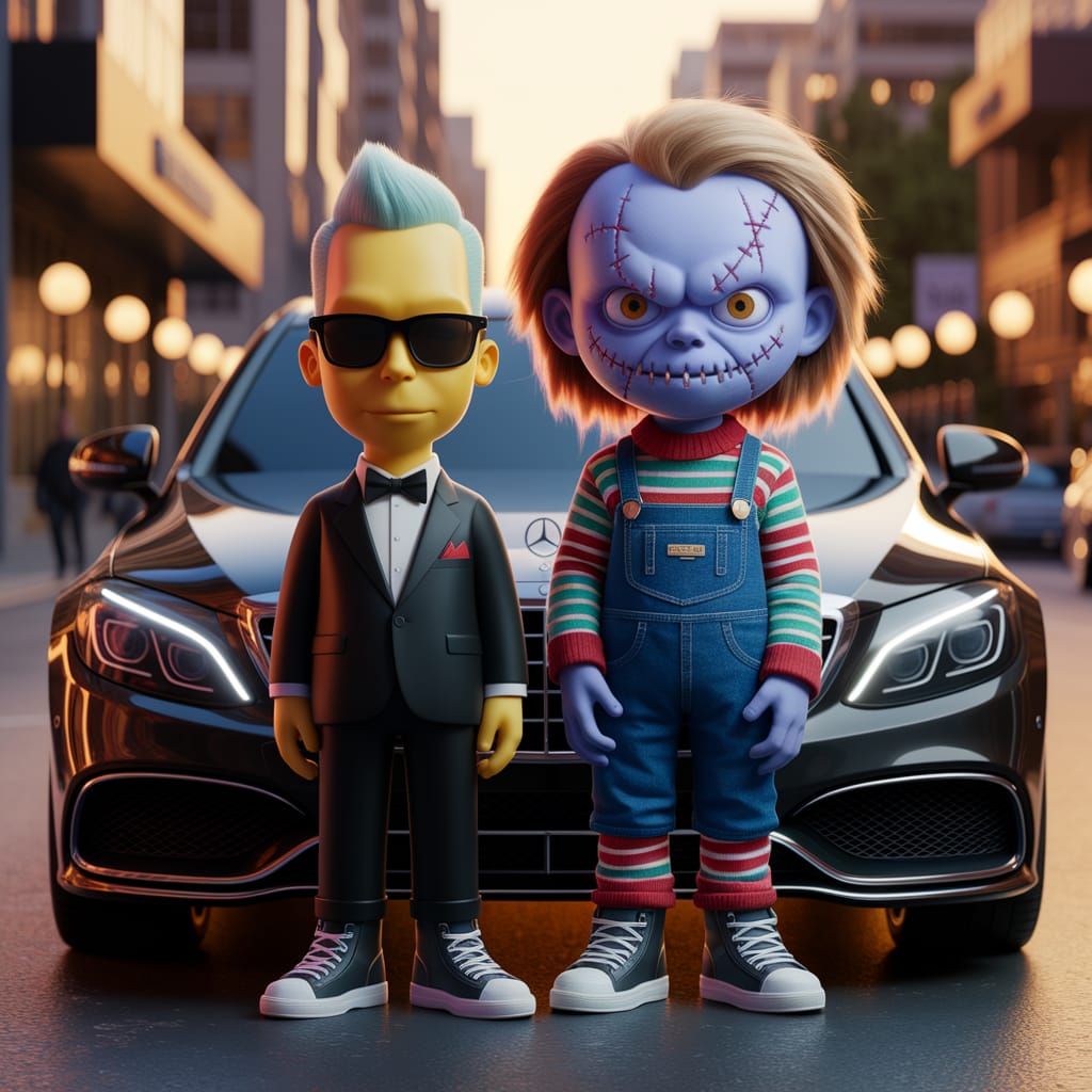 one cartoon and Chucky characters stylized as young adults and Chucky ...