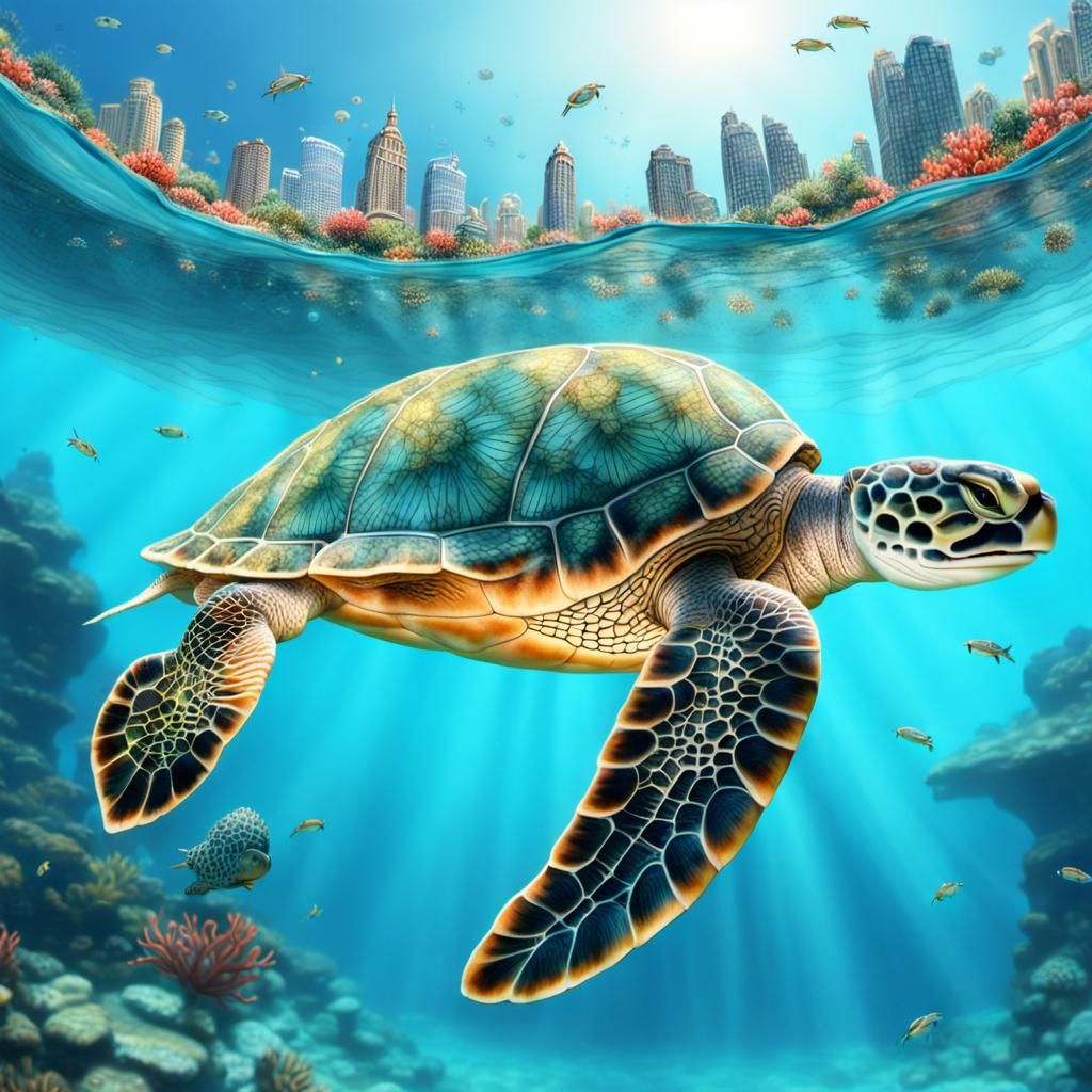 beautiful detailed see-through turtle that has a small city on its back ...