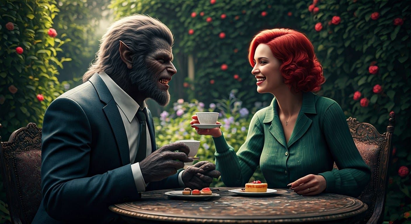 In a garden setting I am having tea and petit fours with a well-groomed ...