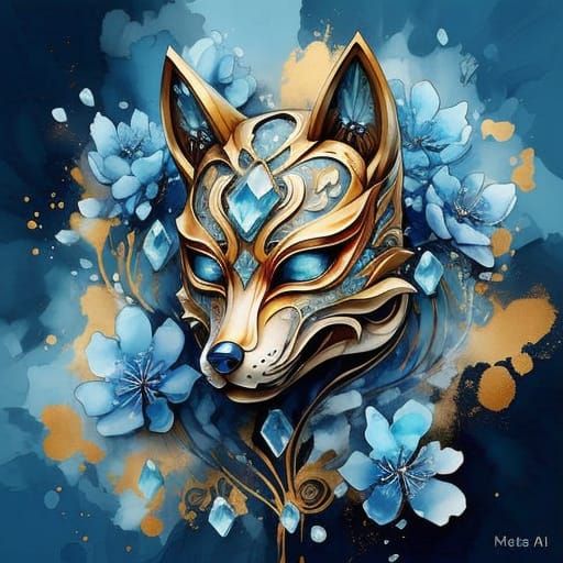 Golden Kitsune Fox Mask in Vibrant Watercolor - AI Art