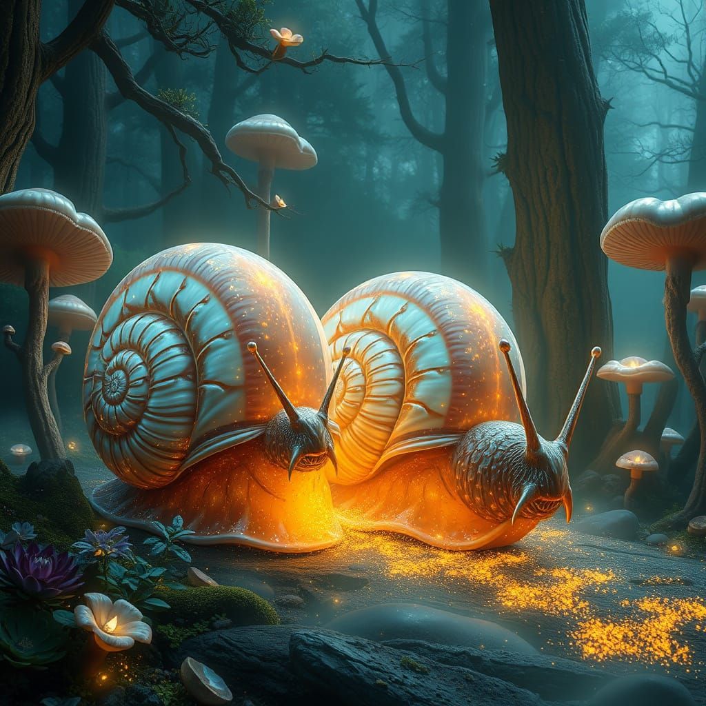 Hyper-realistic giant Snails with intricately carved, iridescent Shells ...