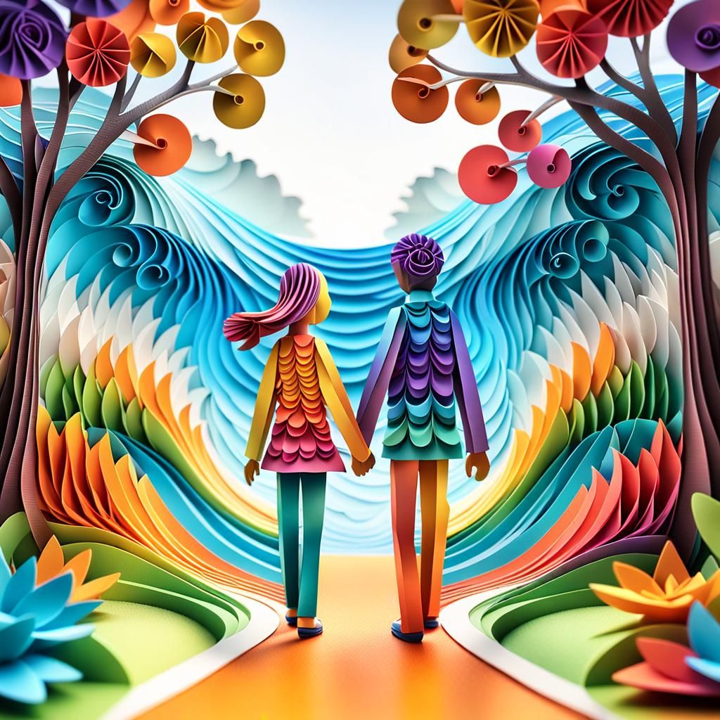 outdoor, colorful, vivid, together holding hands, kirigami paper folds ...