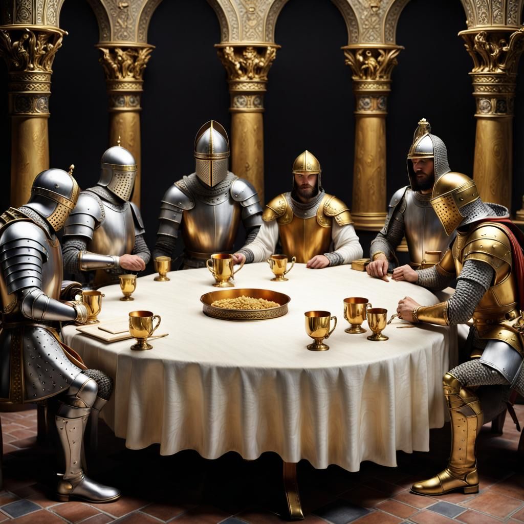 Knights at the round table, King Arthur, Golden holy grail cup, Highly ...