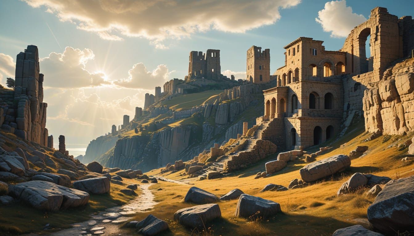 Hyperrealistic Ancient Roman Ruins in Heavenly Lig... - AI Art