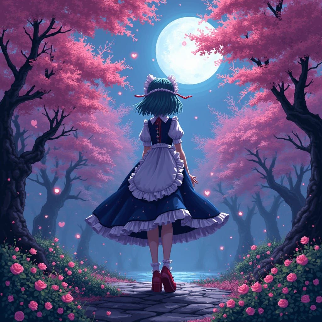 Pixel Art Touhou Sakuya - Pixel Art Maid in a Moonlit Cherr...