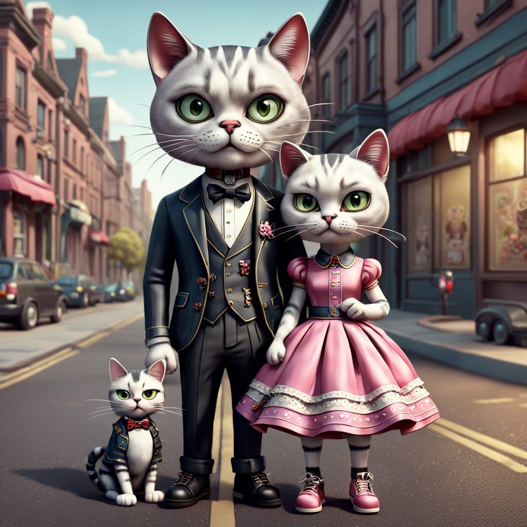 Monsieur, madame et fils. - Cute Cartoon Cats in Street Punk...