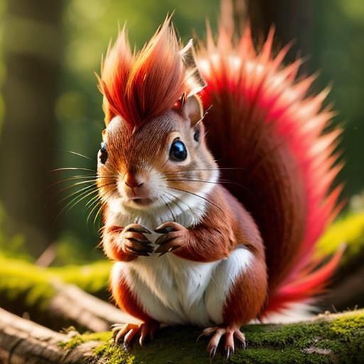 Cute and fluffy tiny red baby squirrel wearing a wig. knitted yarn ...