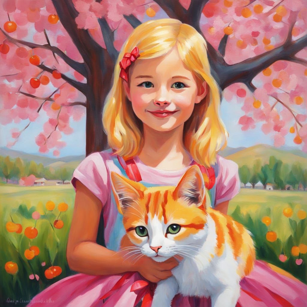 Squirmy Cat - Whimsical Cherry Blossom Girl with Friendly Or...