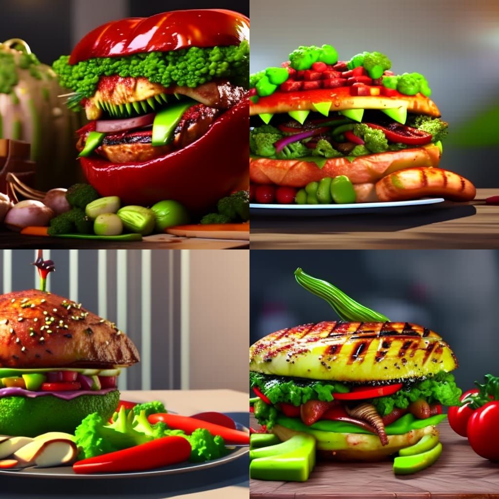Grilled monster, served with fresh monster vegetables, photorealistic ...