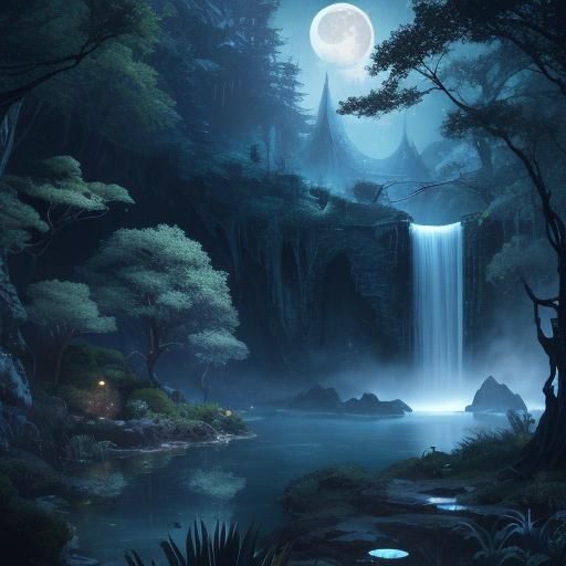 illustration of the moon over waterfall with Floating glowing orbs in a ...