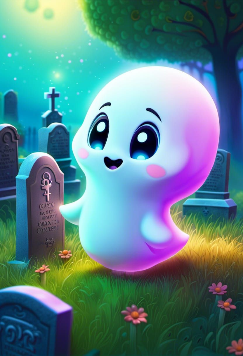 Lawrence - Adorable Chibi Ghost at Church Cemetery, 3D Digi...