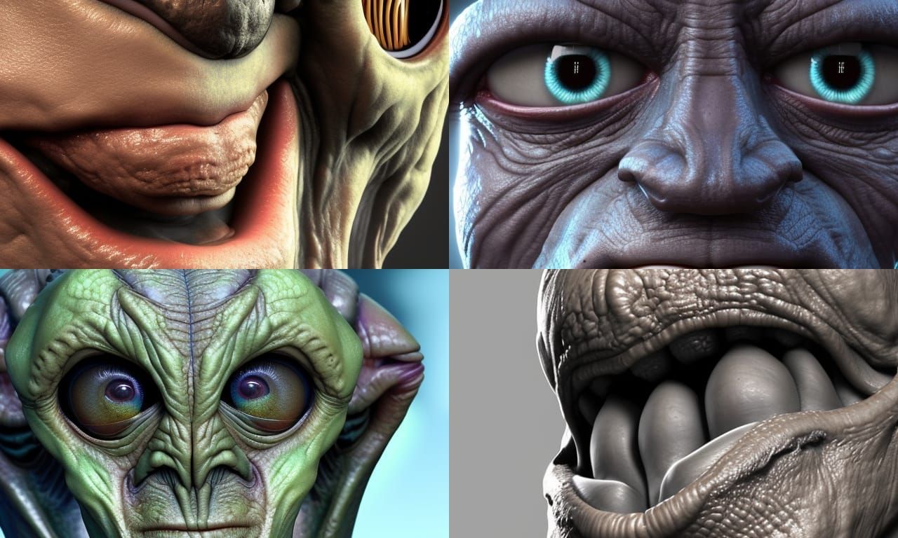 a close-up of the face of an alien, a poster by Jerry Eisenberg ...