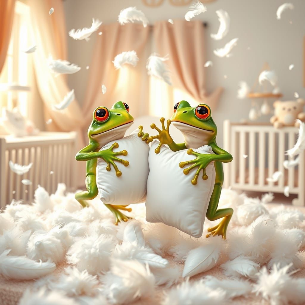 Adorable Green Frogs Engage in Whimsical Pillow Fi... - AI Art