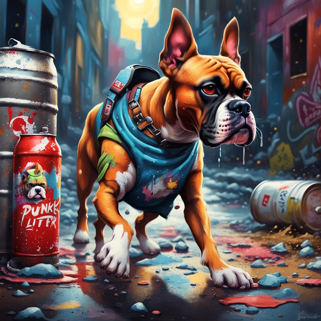 humanoid Boxer-dog in punk outfit and colorful mohawk hair walks with ...