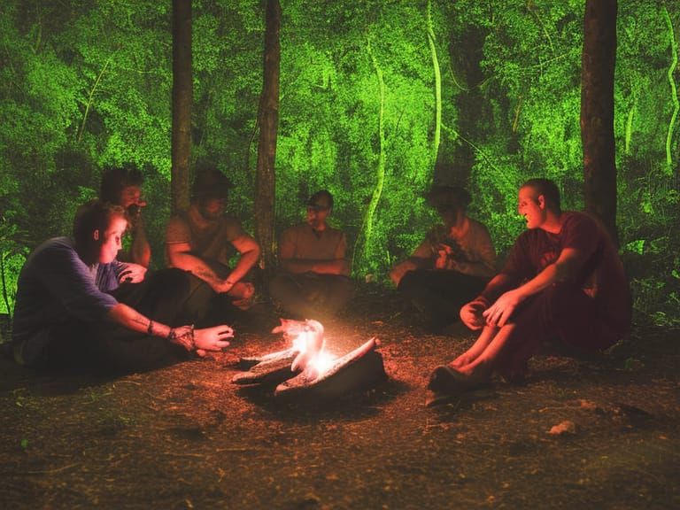 Full color high quality color night scene photograph: Men sit at a fire ...