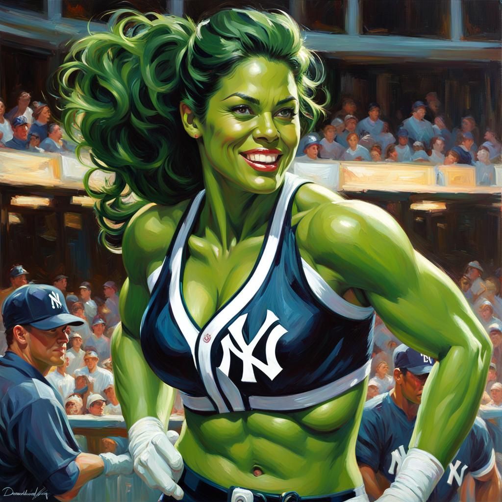Beautiful happy flirtatious green skinned ”she hulk” wearing a “ny ...