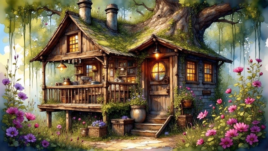 Steampunk Tree House in Whimsical Garden Setting w... - AI Art