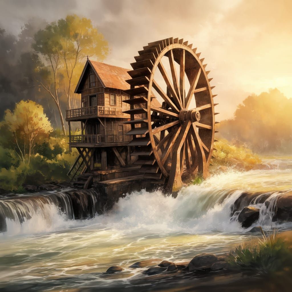 wasserrad am fluss - Waterwheel Serenity Along a Turbulent R...