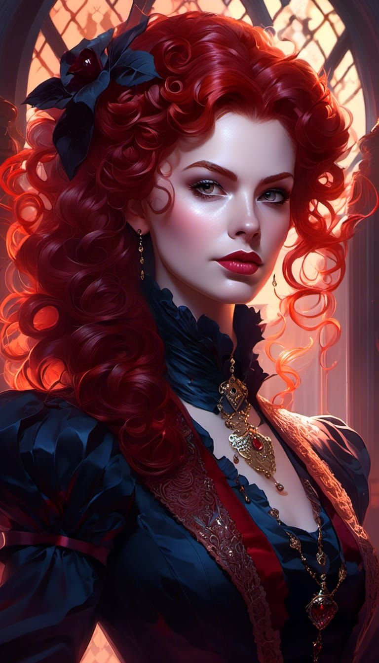 Victorian Vampire, Mina Harker, red curly hair, intricate design head ...