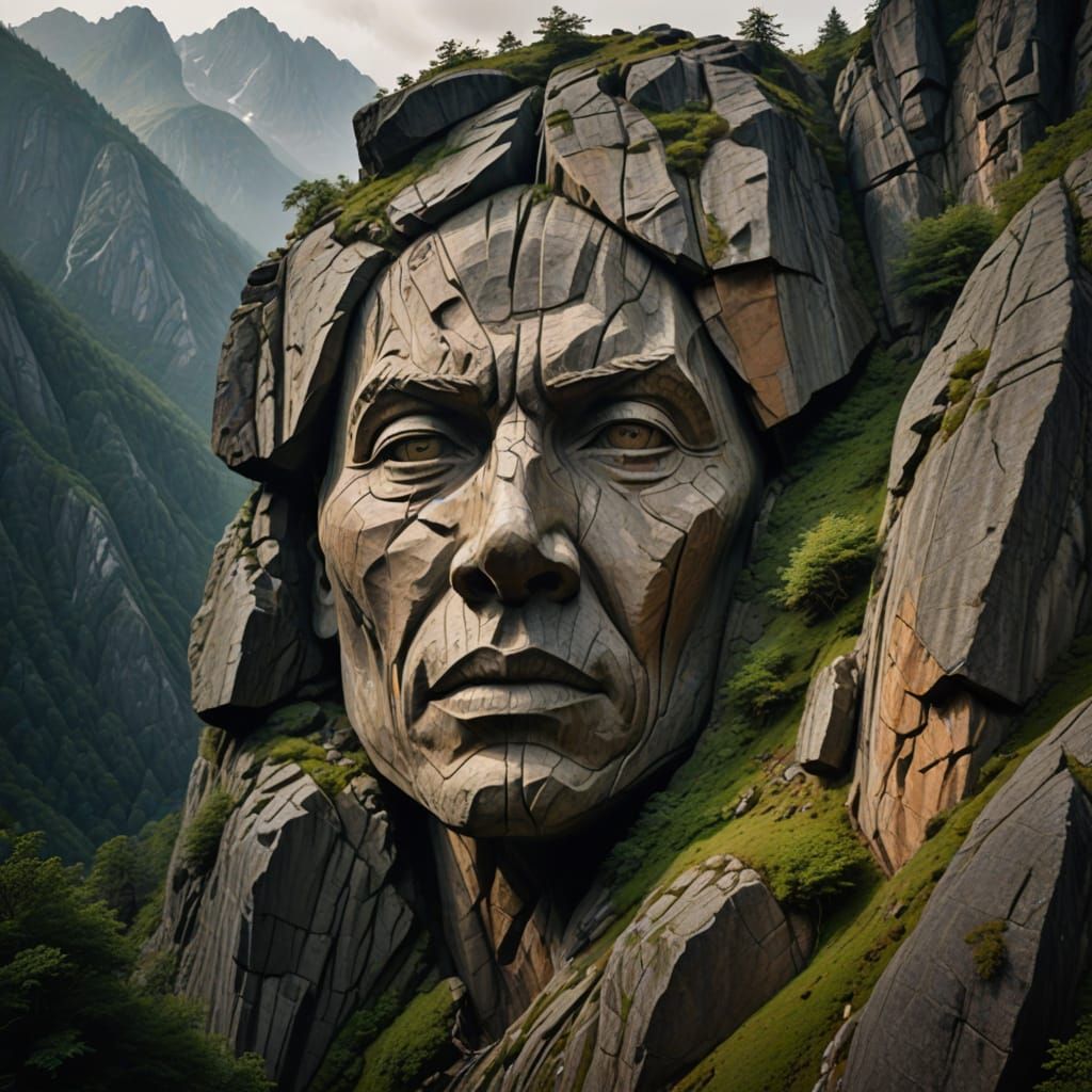 Stone Face - Mountain Carving of a Contemplative Face