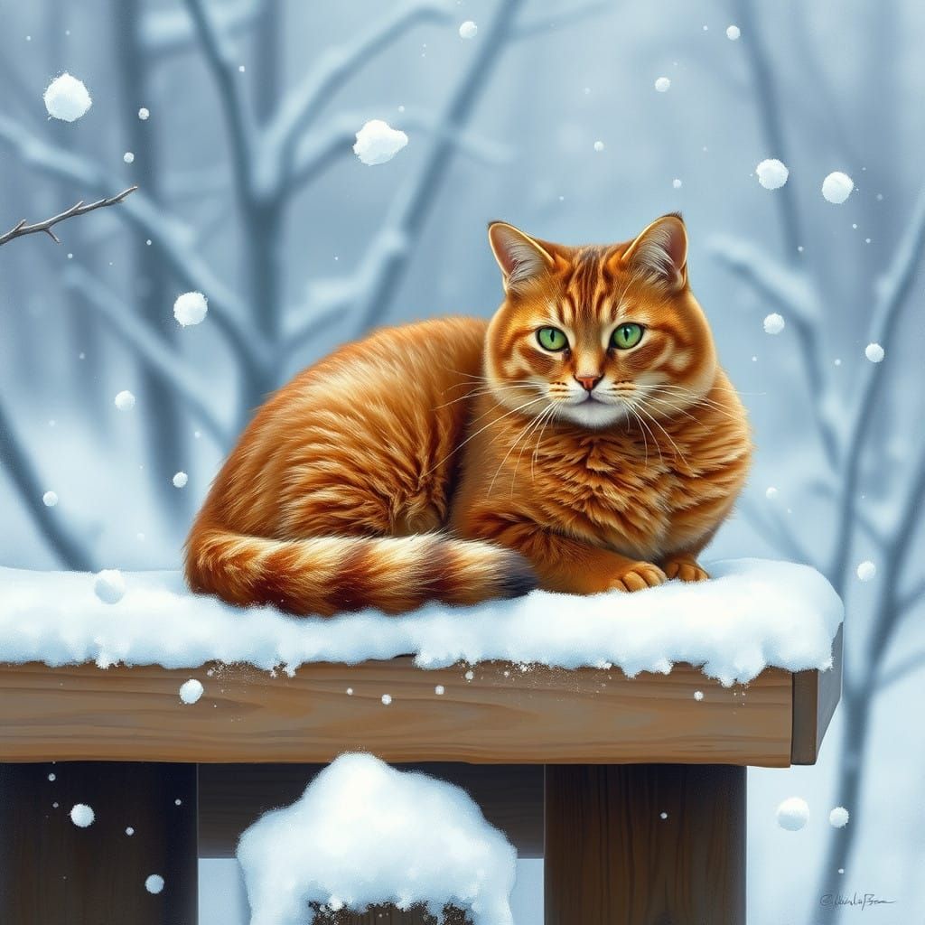 Un chat roux assis sur une clôture recouverte de neige en hiver, avec ...
