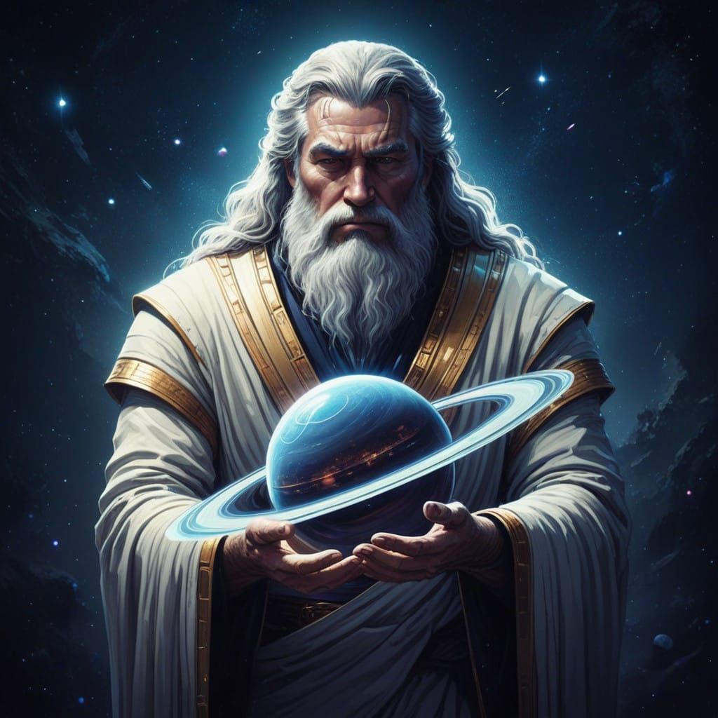 Saturn, the ancient Roman father of the gods, stands majestically, his ...