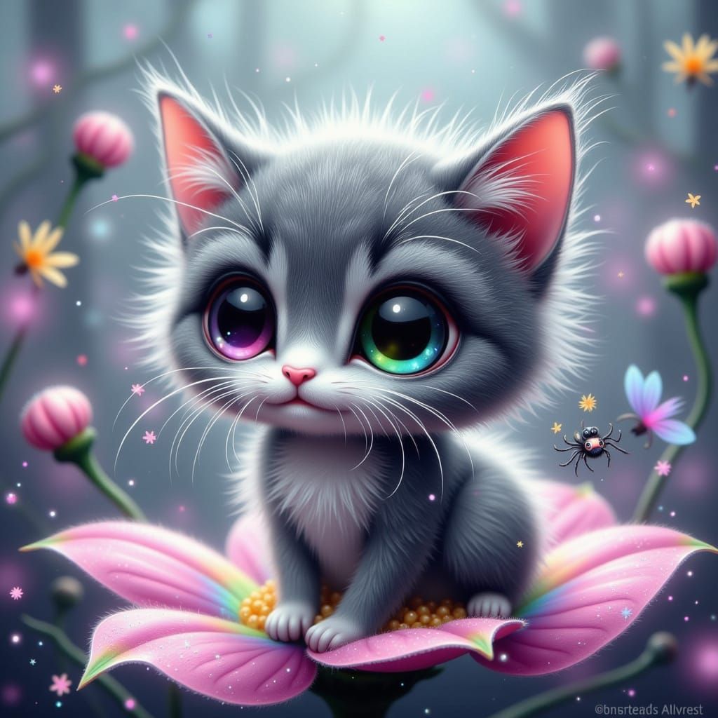 Whimsical Fae Kitten Surrounded by Rainbow Aura - AI Art