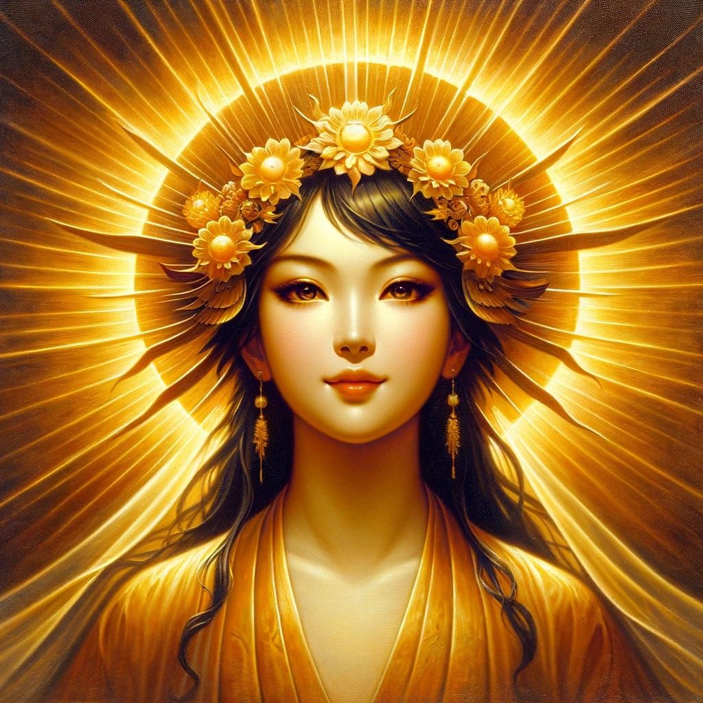 An oil painting of Amaterasu, the Shinto goddess of the sun, as the sun ...