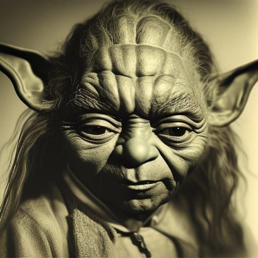 Cheeky-looking very old Yoda with long hair playing drum, dancing ...