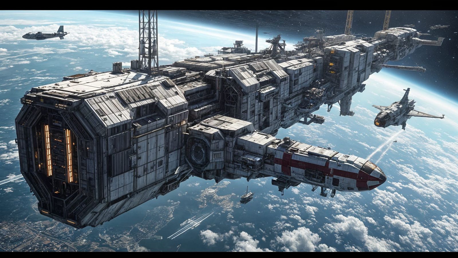 Futuristic space port facility, gantries, girders and cranes