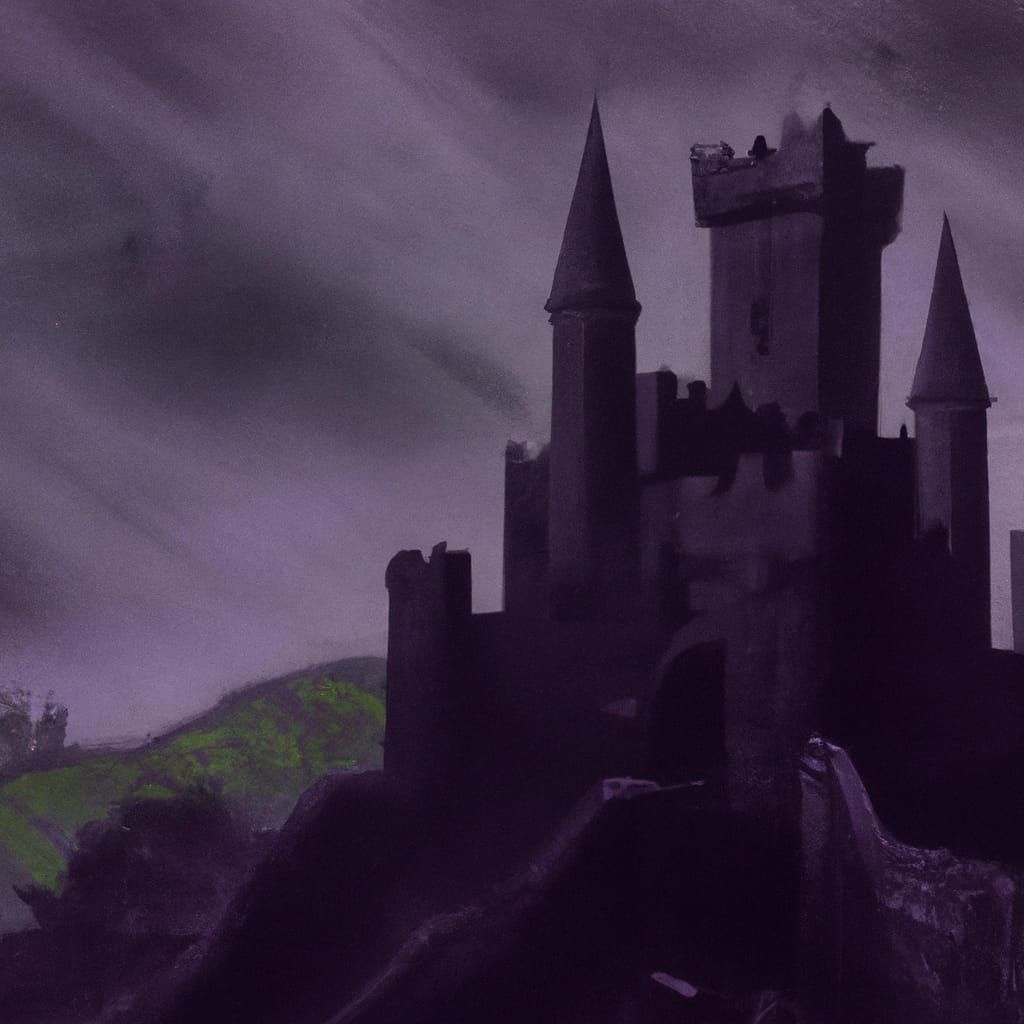 Detailed painting of a dark, crumbling castle under a strange purple ...