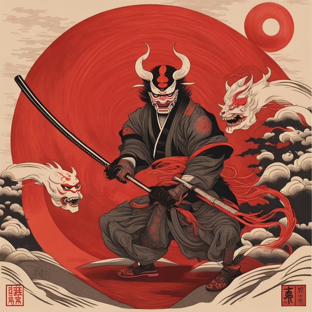 ukiyo-e yin yang red sun smoke, yokai demon mask, samurai - AI ...