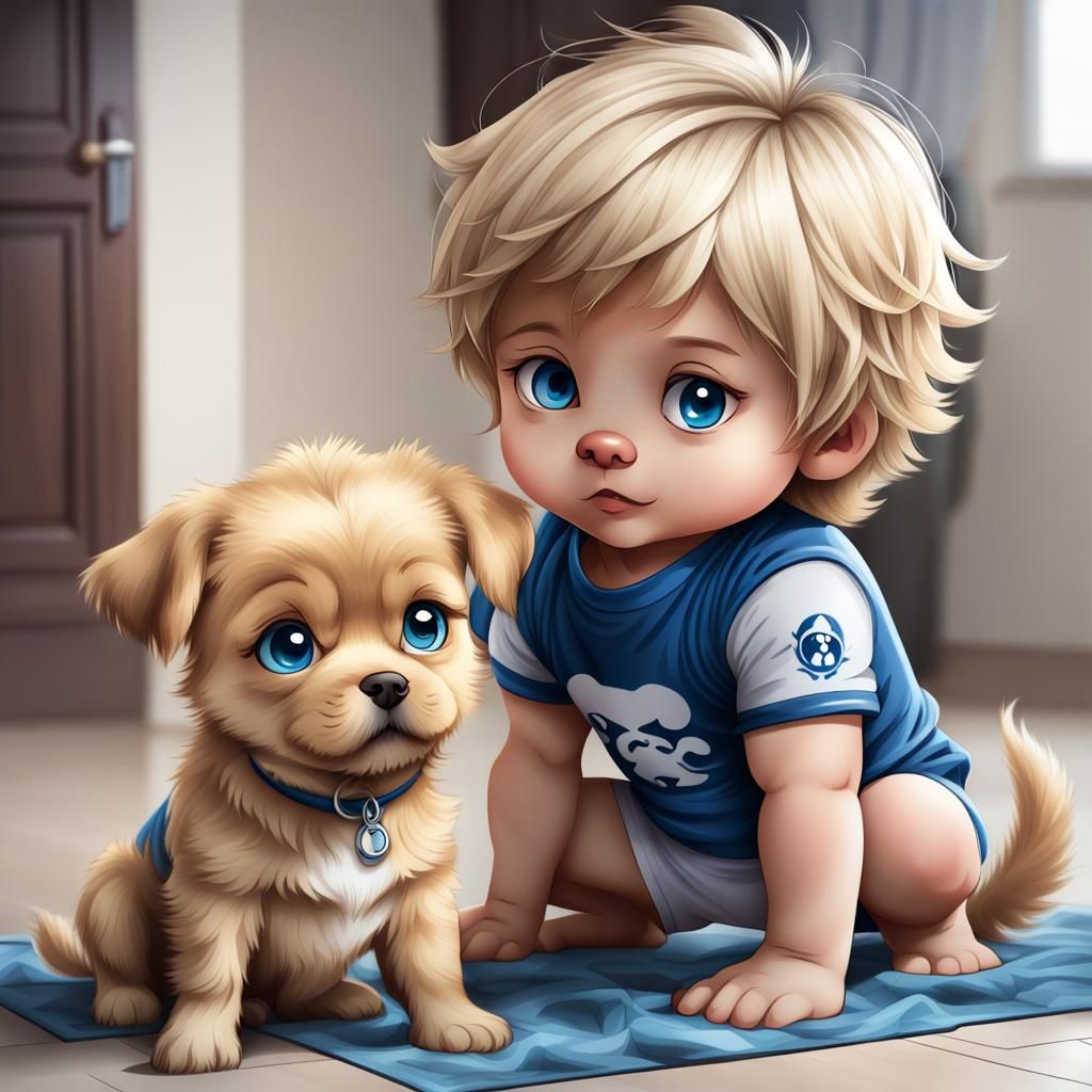 Un chibi de niño con cabello rubio y ojos azules está jugando con un ...