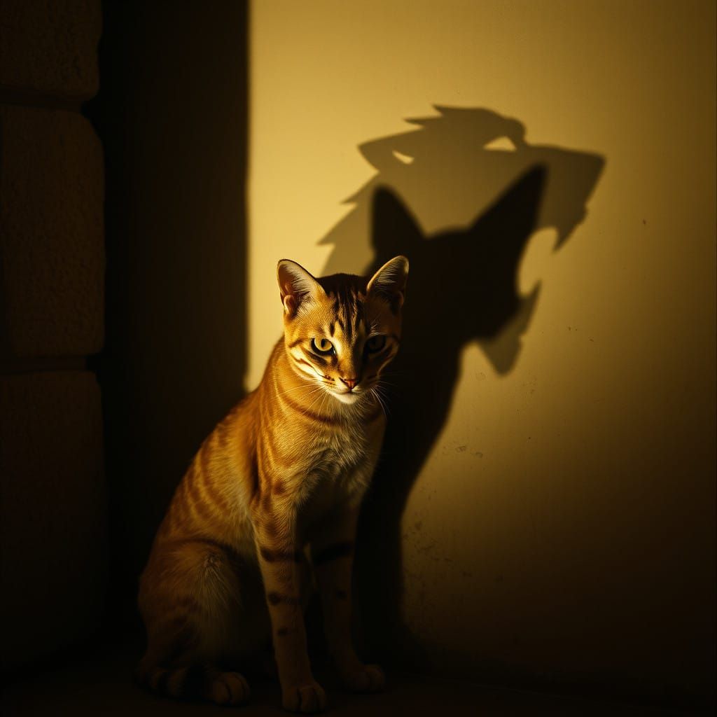 A feminine cat’s shadow morphing into a lion, hinting at a hidden ...