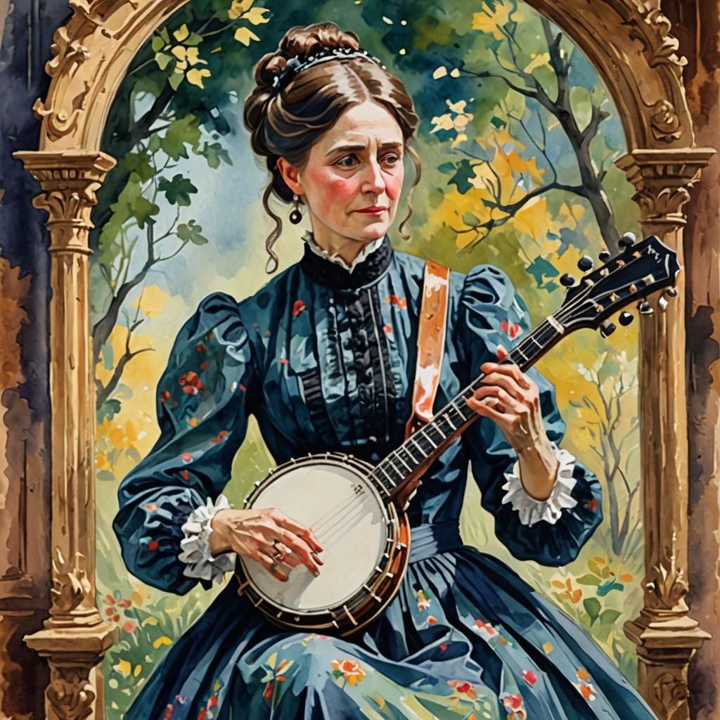 Victorian era lady in a high-neck dress playing banjo - AI Generated ...