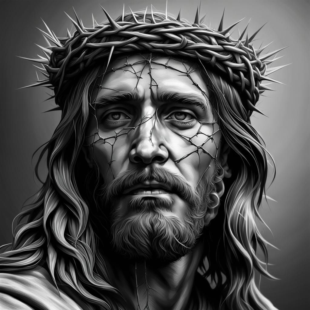 3D Jesus with Crown of Thorns in Greyscale - AI Art