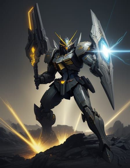 Gundam mecha with a laser sward and energy Shield action pose a ...