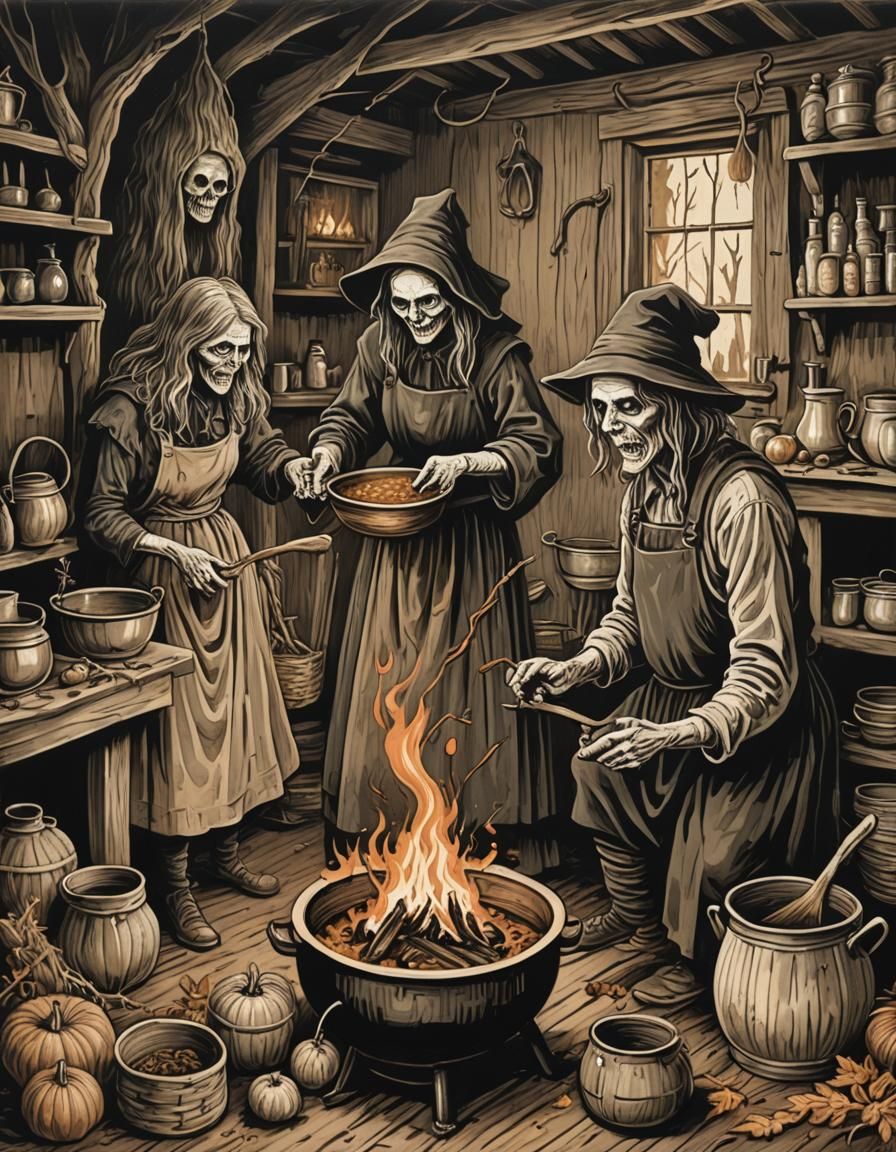 woodcut horror autumn folk art New England Salem witch kitchen with cauldron - AI Generated ...