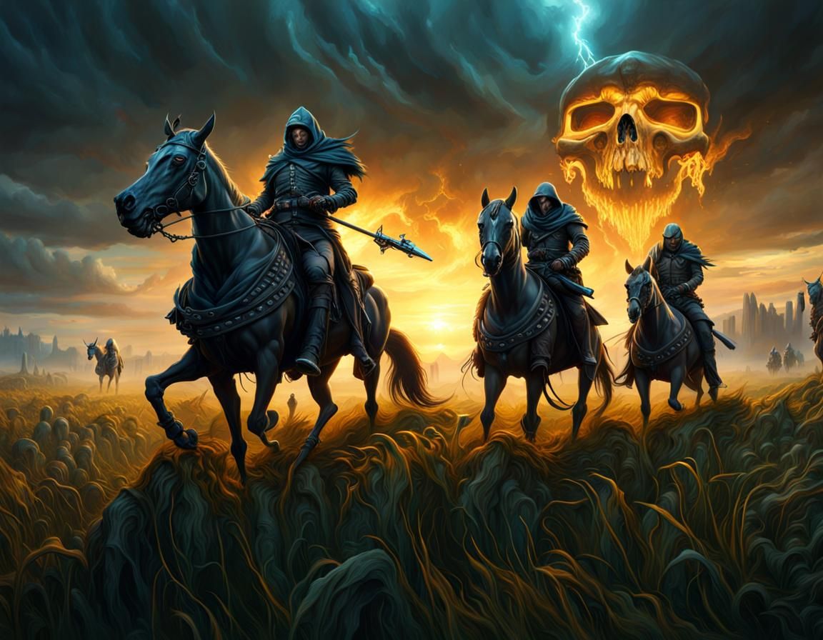 Four apocalyptic riders on a meadow riding over skulls and bones under ...