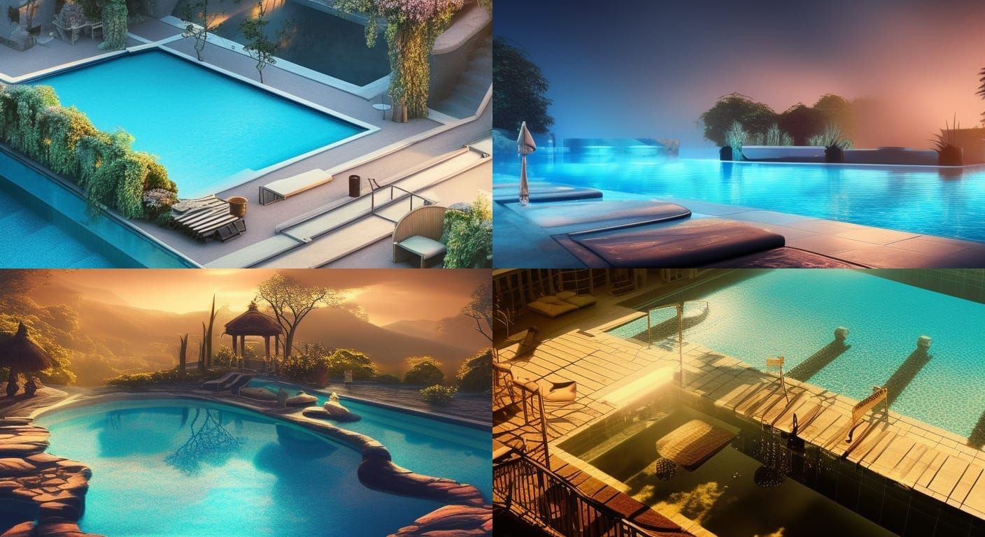 Stunning Swimming Pool. golden hour iridescent landscape light dust ...