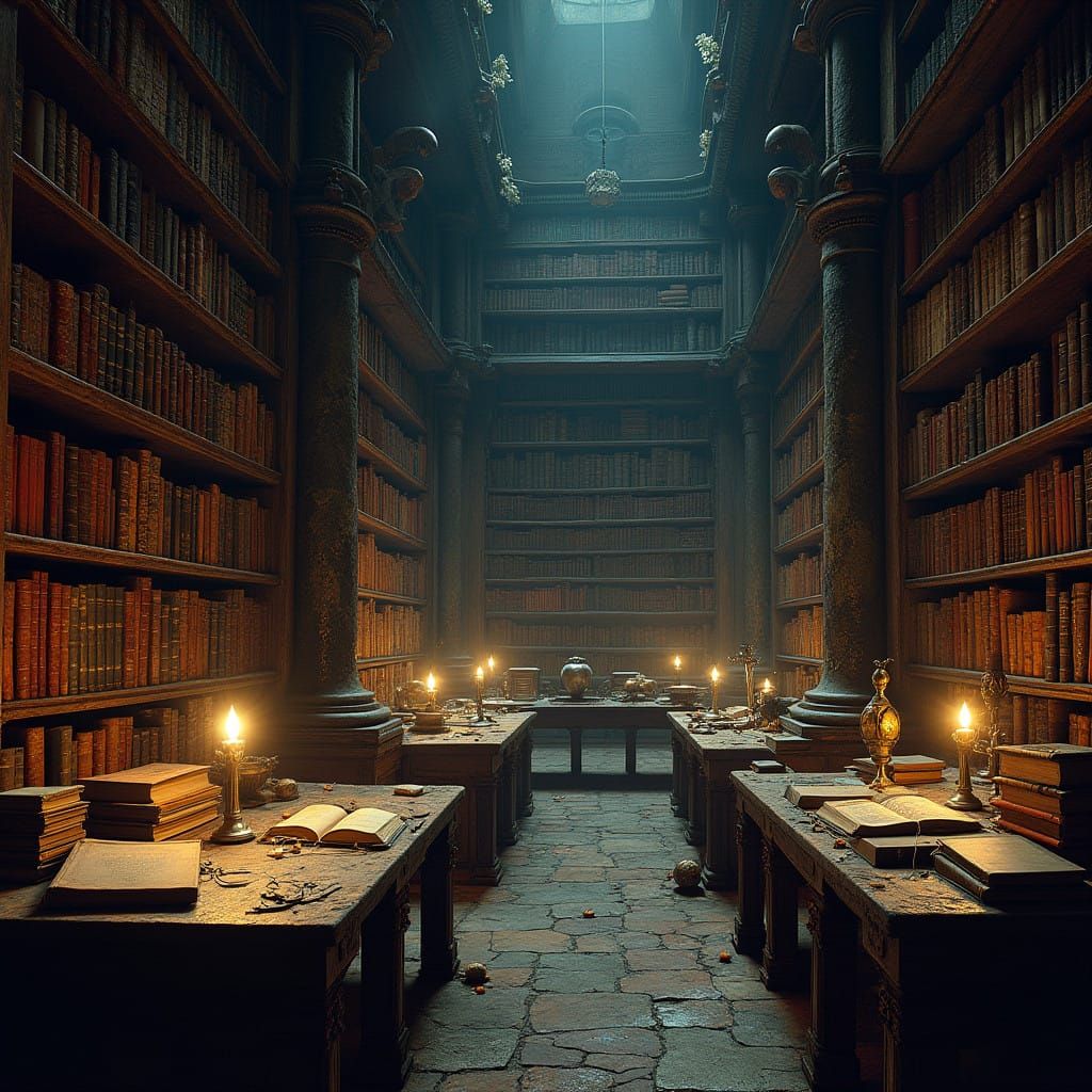 Enchanted Medieval Library of Ancient Tomes and My... - AI Art