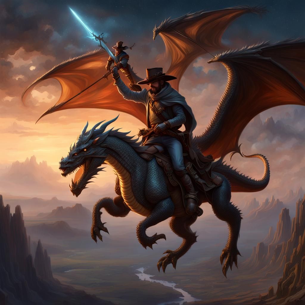 Cowboy riding flying dragon / nigh sky/ armor/ large hat) dragon has ...