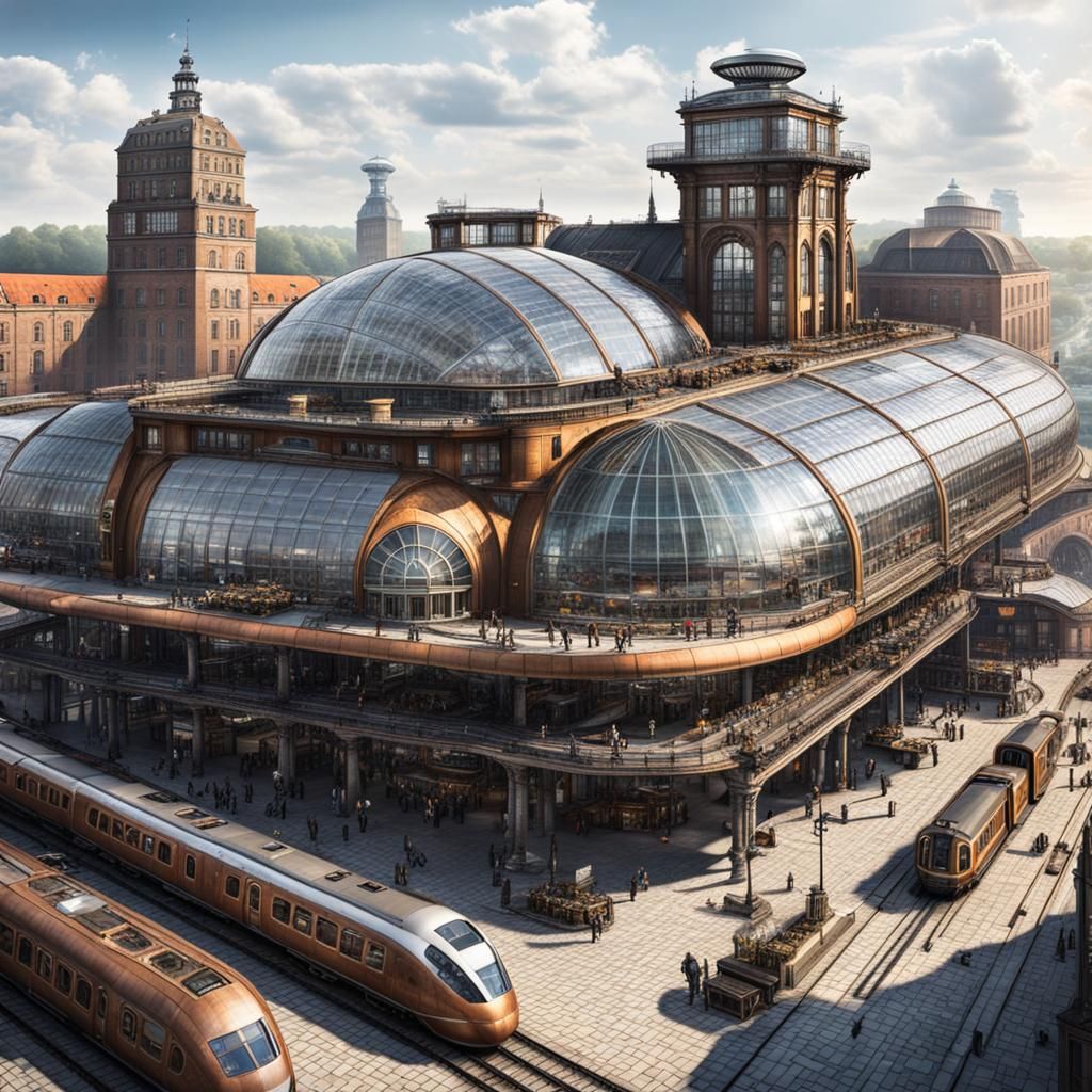 view from ground level large multistorey steampunk transport hub with ...
