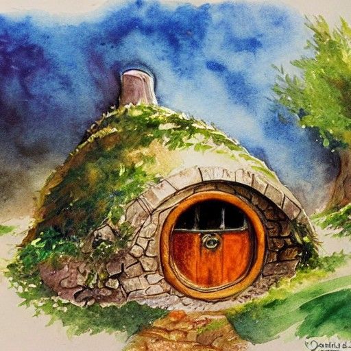 Frodo Baggin's Hobbit House in Hobbiton, J.R.R. Tolkien, watercolor ...