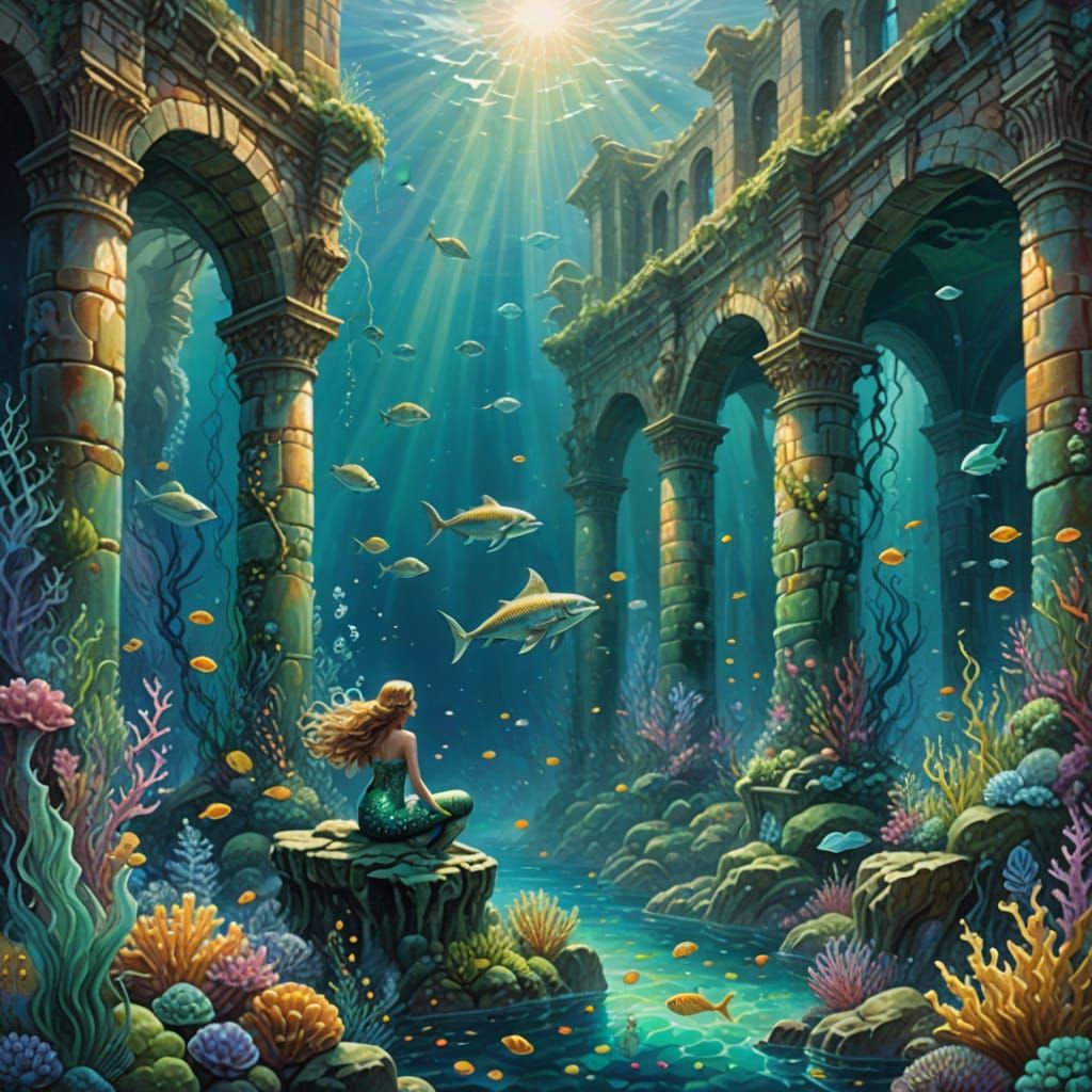 Mermaids and Mermen in Atlantis' Ethereal Ruins, W... - AI Art
