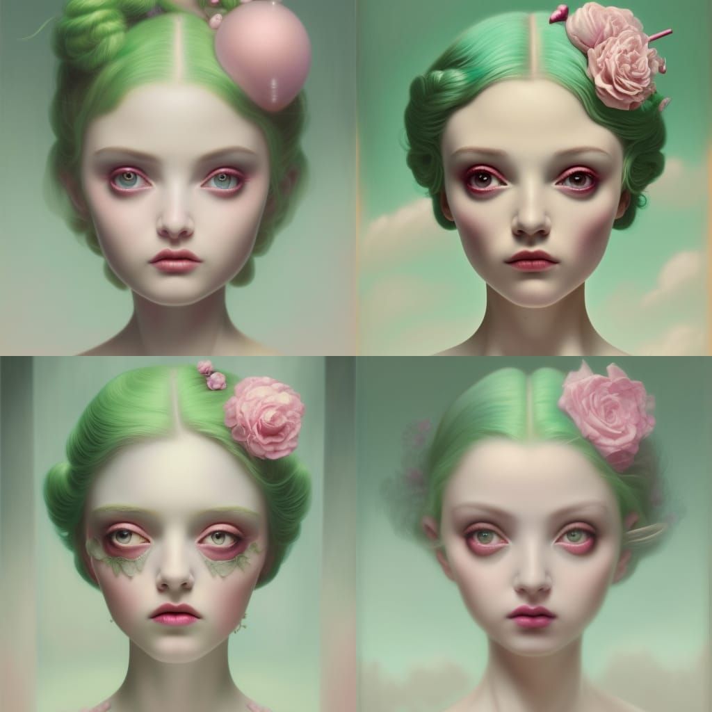 Poupée par Mark Ryden, arrière plan porte et fenêtre, dans les tons ...