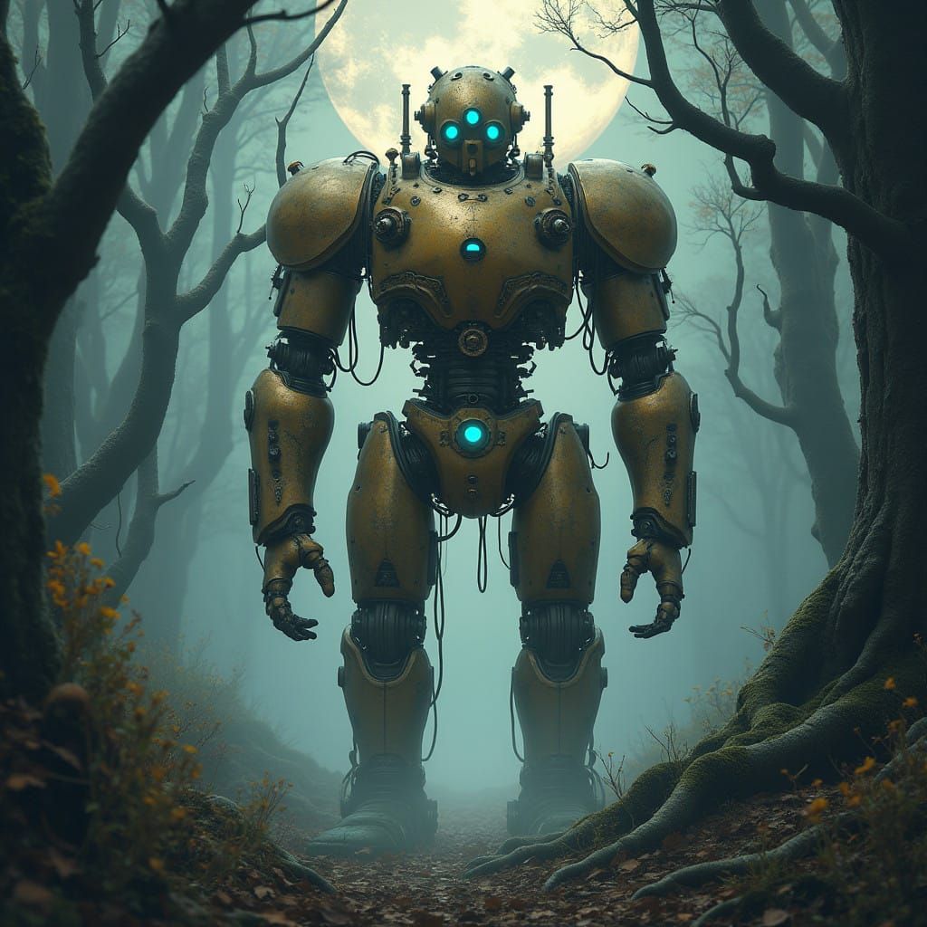 Robot warrior in forest - Steam-Powered Robot Amidst Twisted...