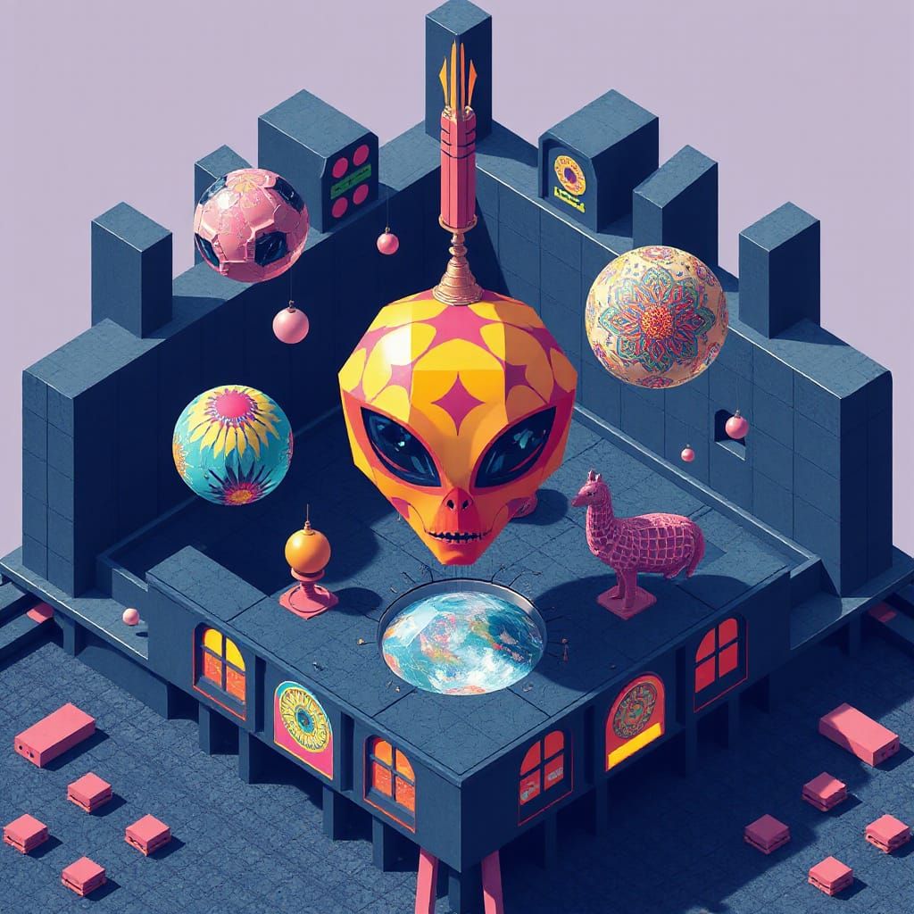 Symmetrical Alien in Retro-Futuristic Geometric St... - AI Art