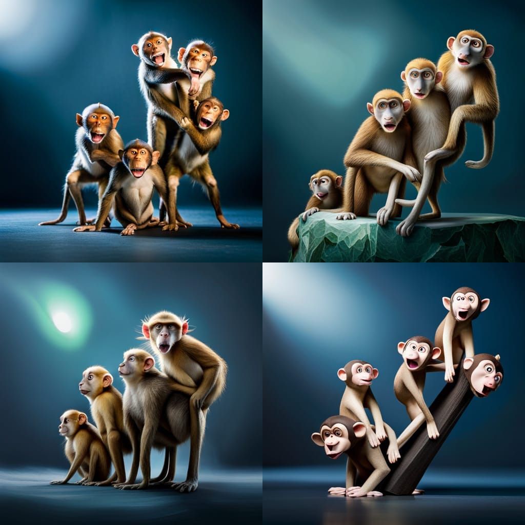 five crazy angry monkeys are skillfully stacked on top of each other, forming a lively tower ...