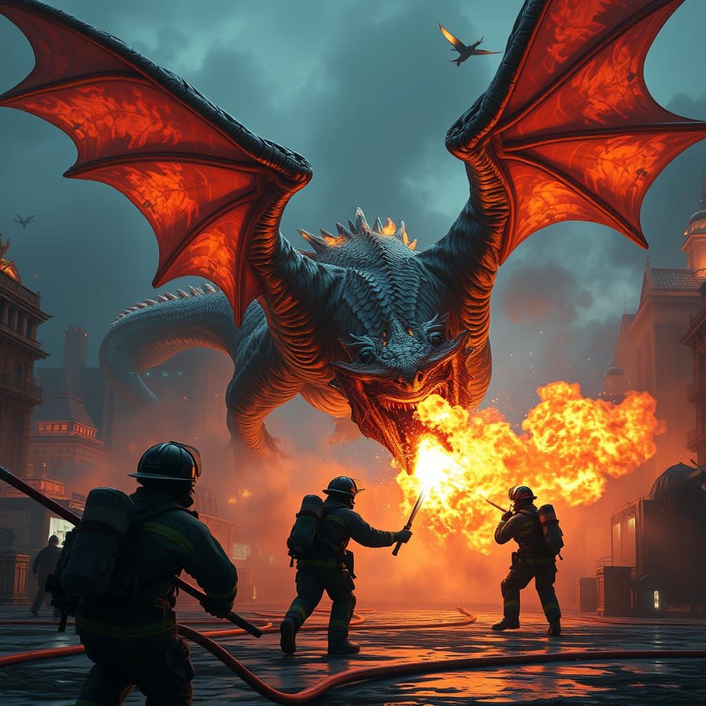 Firefighters Battle a Majestic Dragon in a Fantast... - AI Art